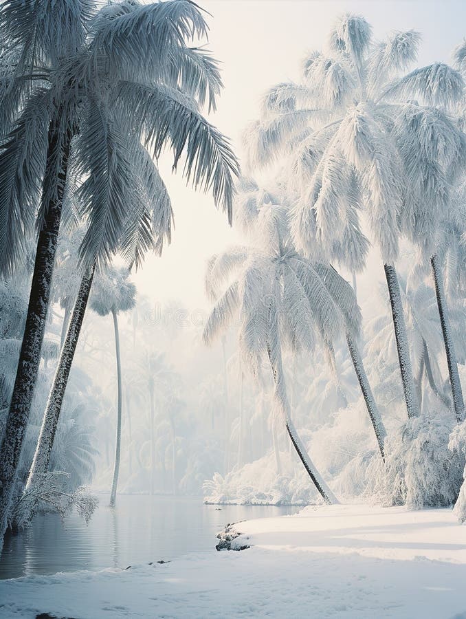 Snow-Covered Tropical Palm Tree in an Unexpected Winter Scene Stock ...