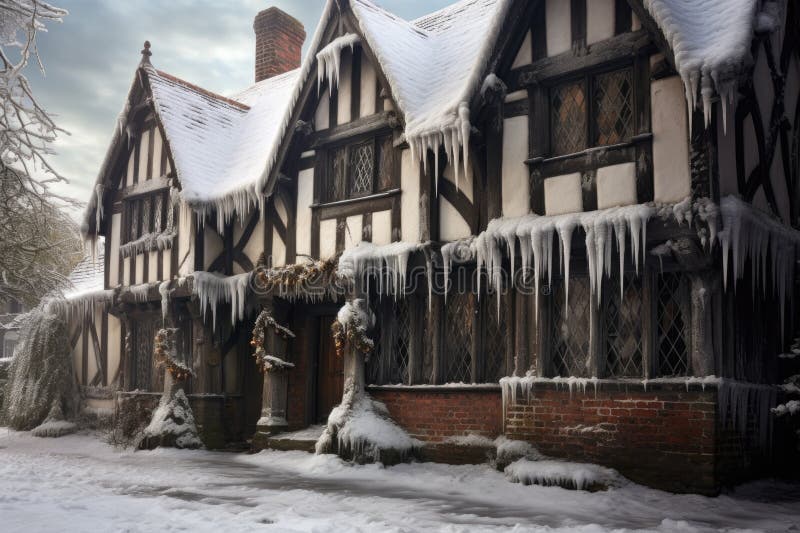 A Snow-covered Tudor House with Icicles Hanging from Its Eaves Stock ...
