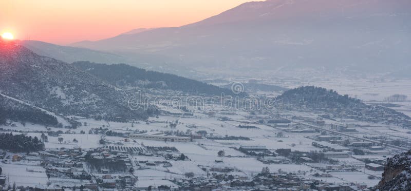 Snow covered valley stock image. Image of filippoi, dawn - 91273953