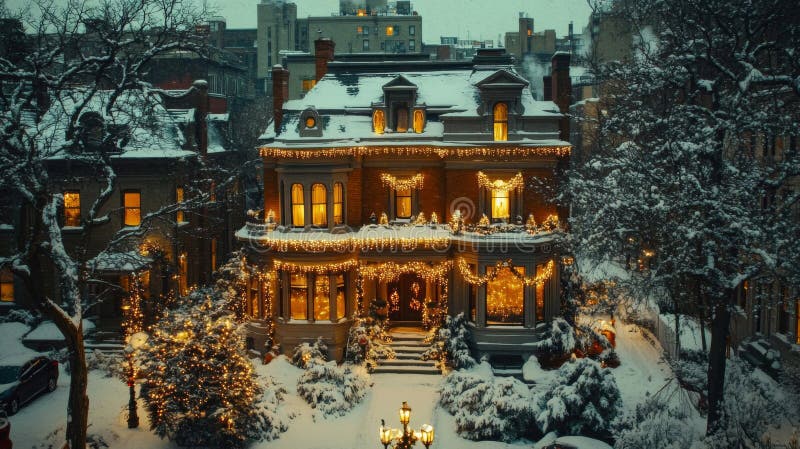 Snow Covered Victorian House with Festive Lights at Night Stock ...