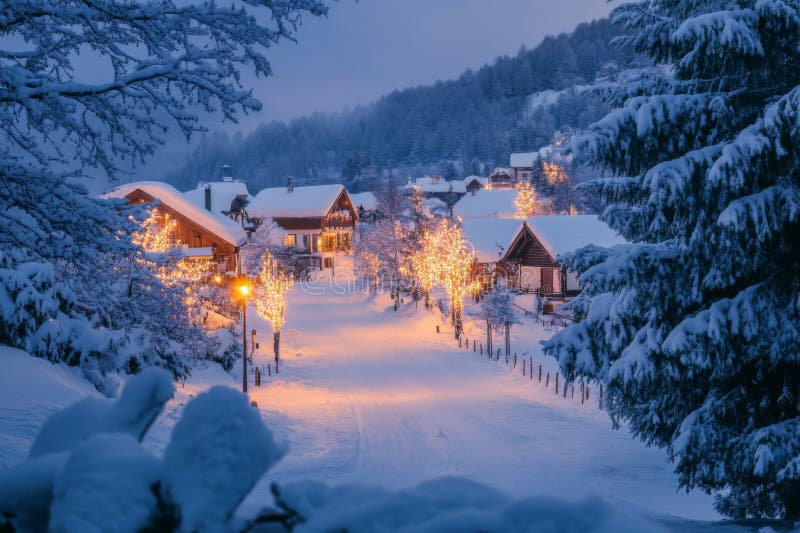 Cozy Snow-Covered Village at Dusk with Festive Lights and Falling ...
