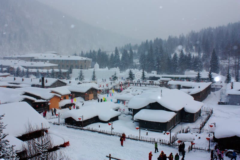 Snow covered village stock image. Image of tree, snowy - 57876413