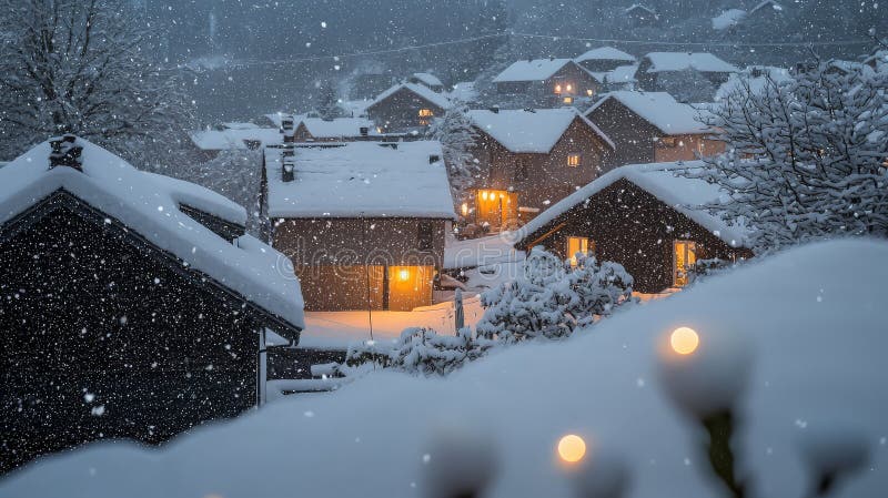 Snow-covered Village at Night with Warm Lights Stock Photo - Image of ...