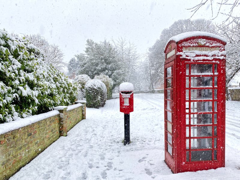 Snow Covered Village Post Box and Phone Box Stock Image - Image of ...