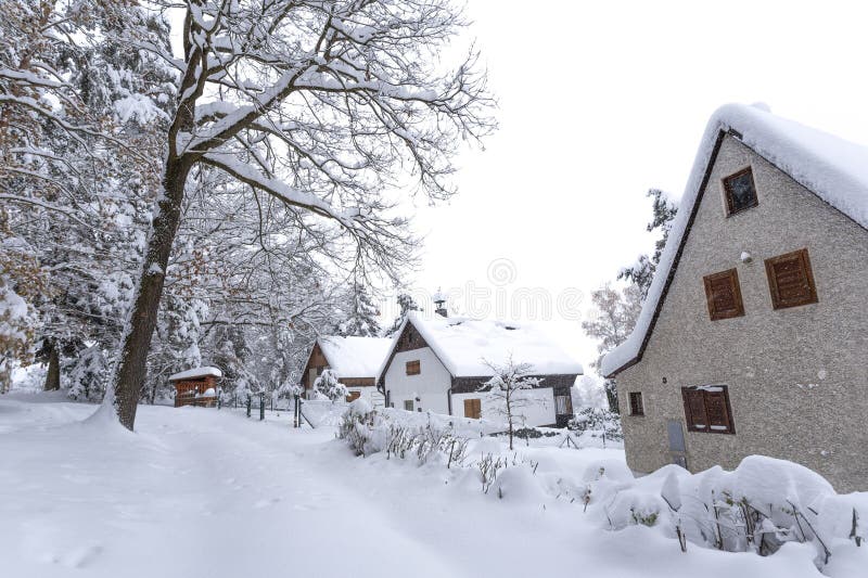 Snow Covered Village after Strong Snowfall. Europe Stock Image - Image ...