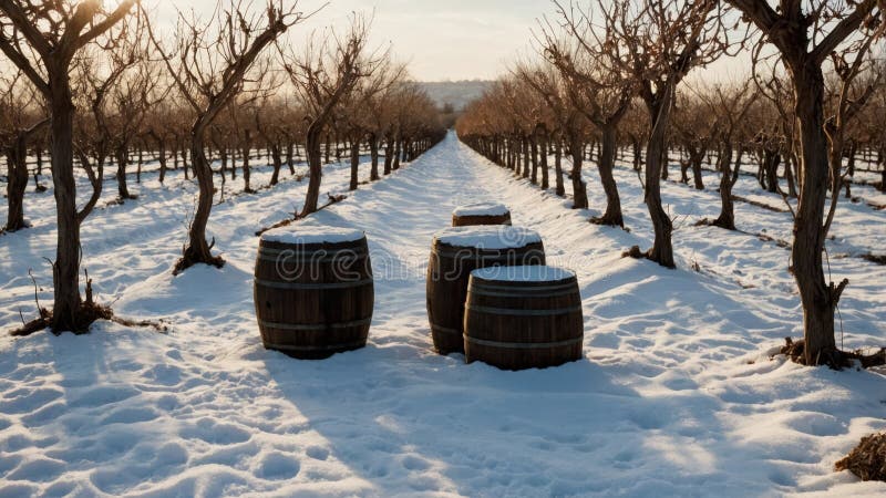 Snow-Covered Wine Barrels in a Winter Vineyard Stock Illustration ...