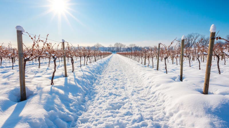 Snow-Covered Vineyard Path with Sunny Sky Stock Illustration ...