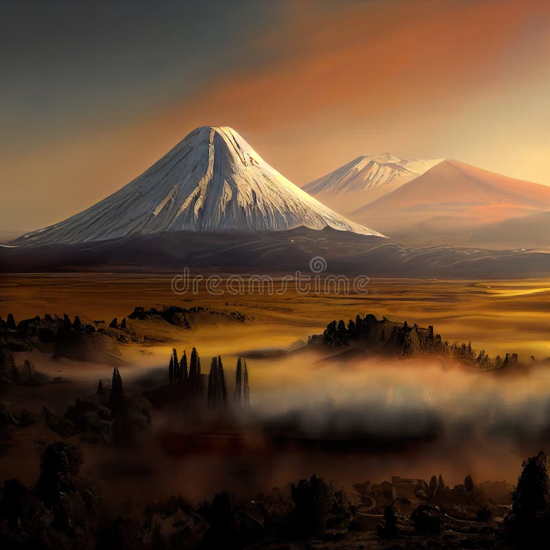 Snow Covered Volcano in Green Field. High Mountain in a Green Field at ...