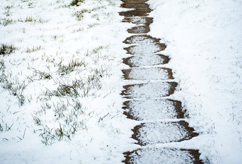 Snow Covered Walkway with Snow Stock Photo - Image of green, sidewalk ...