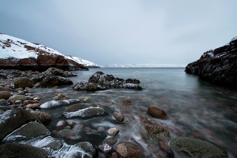 Snow-covered Coast of the Arctic Ocean, with Lapping Waves on Large ...
