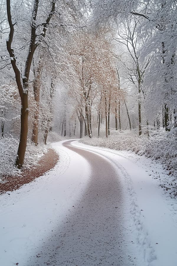 Snow Covered Winding Road through Forest in Winter Stock Image - Image ...