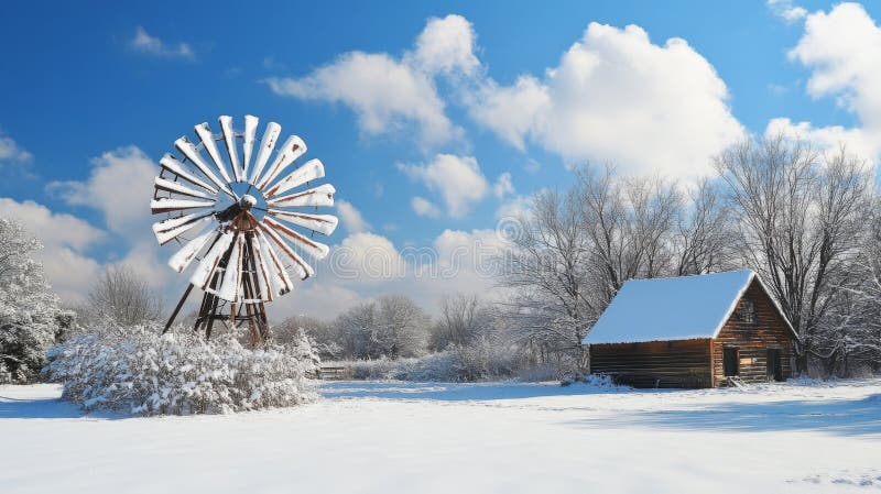 Snow-Covered Windmill and Cabin in a Winter Landscape Stock ...