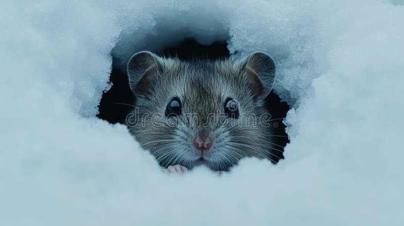 In a Snow-covered Winter Landscape, a Curious Mouse Peeks Out from Its ...