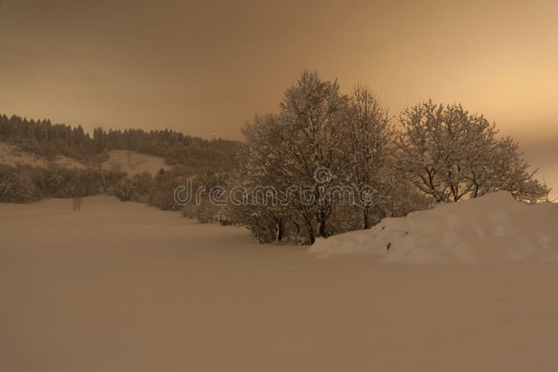 Snow Covered Winter Landscape at Night Stock Photo - Image of cold ...
