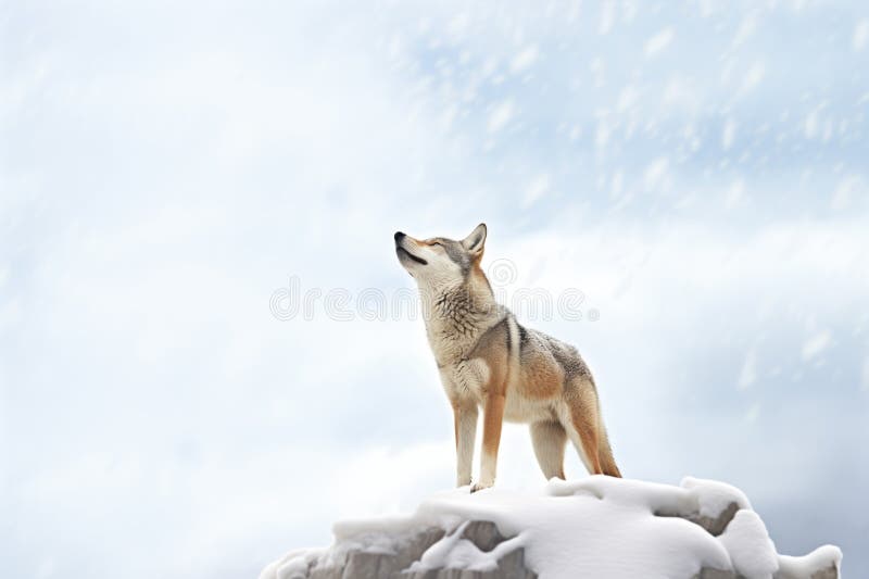 Snow-covered Wolf Howling on Ridge with Cloudy Sky Stock Image - Image ...