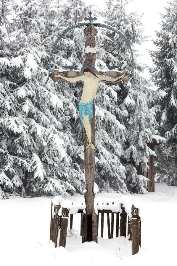 Snow Covered Wooden Cross with Jesus Stock Image - Image of landmark ...