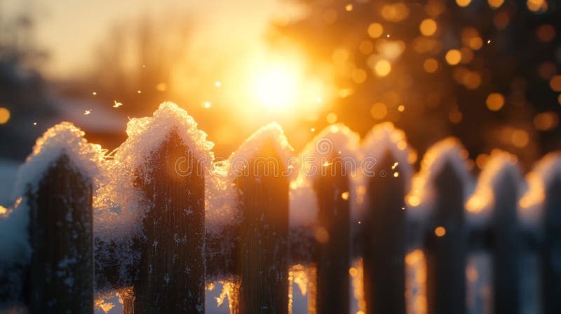 Snow Covered Wooden Fence at Sunset Stock Illustration - Illustration ...