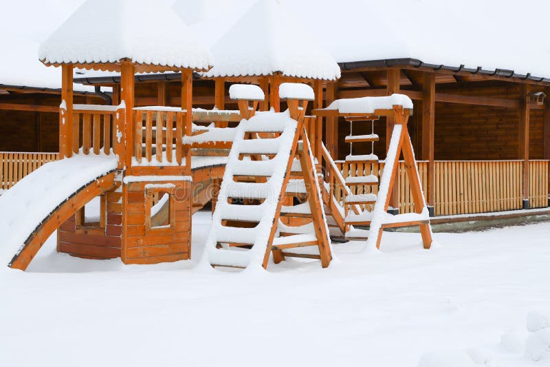 Snow Covered Wooden Playground Stock Photo - Image of snow, climb ...
