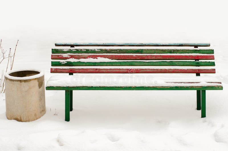 Snow Covered Wooden Sitting Bench in Park at Winter Stock Image - Image ...
