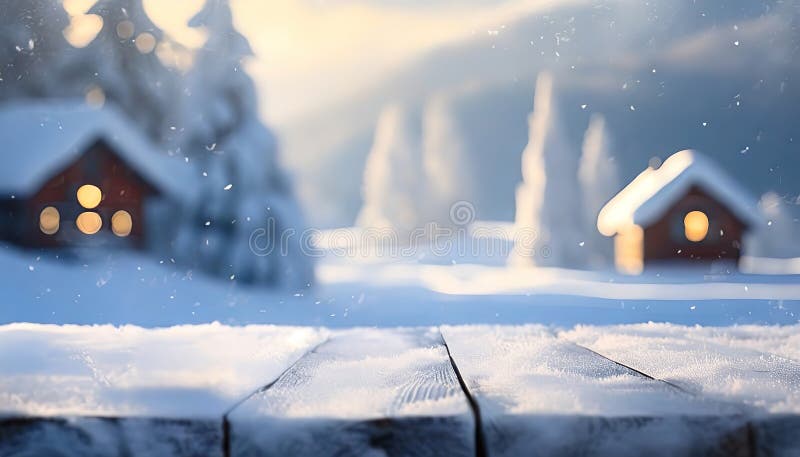 Snow-covered Wooden Table with Snowy Trees and Mountain Cabins in the ...