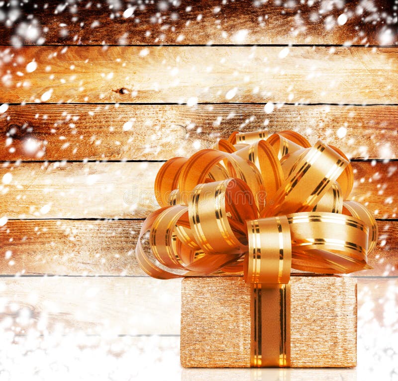 Snow-covered Wooden Wall with a Beautiful Gift Box Stock Image - Image ...