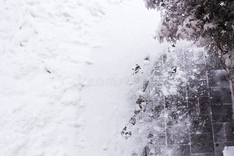 Snow-covered Yard and Footprints in Snow, Top View Stock Image - Image ...