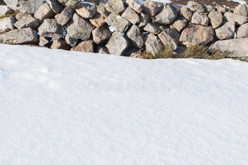 Snow Covering the Ground and Stone Wall Stock Photo - Image of snowy ...