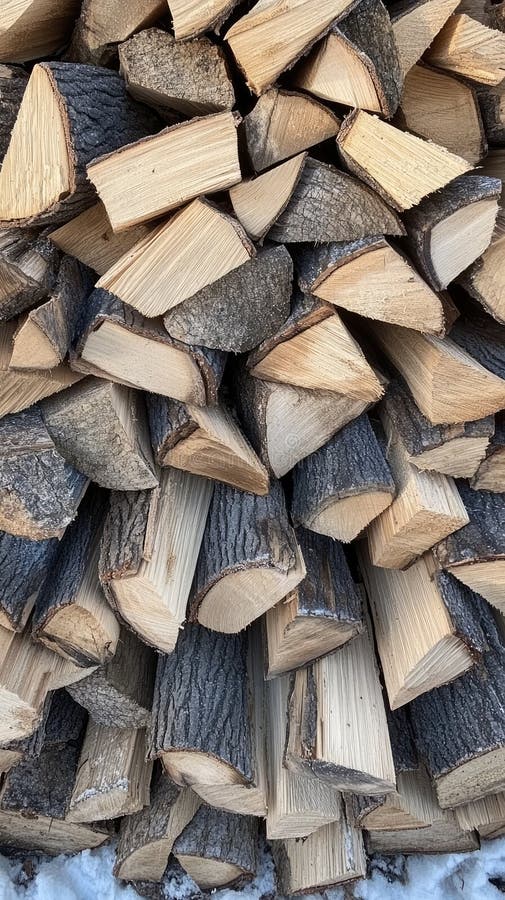 Snow Covers a Large Stack of Cut Firewood Placed on the Sidewalk ...