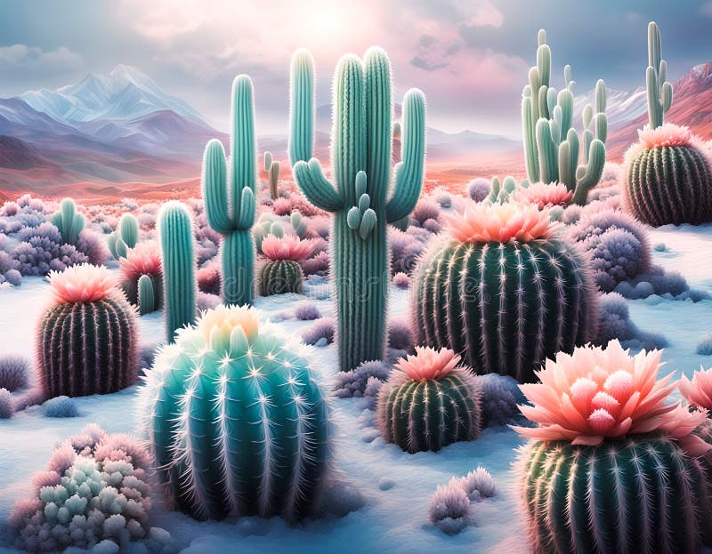 Snow in the Desert with Cacti Stock Illustration - Illustration of ...