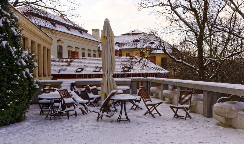 Snow on the dining tables stock image. Image of outdoor - 91974361