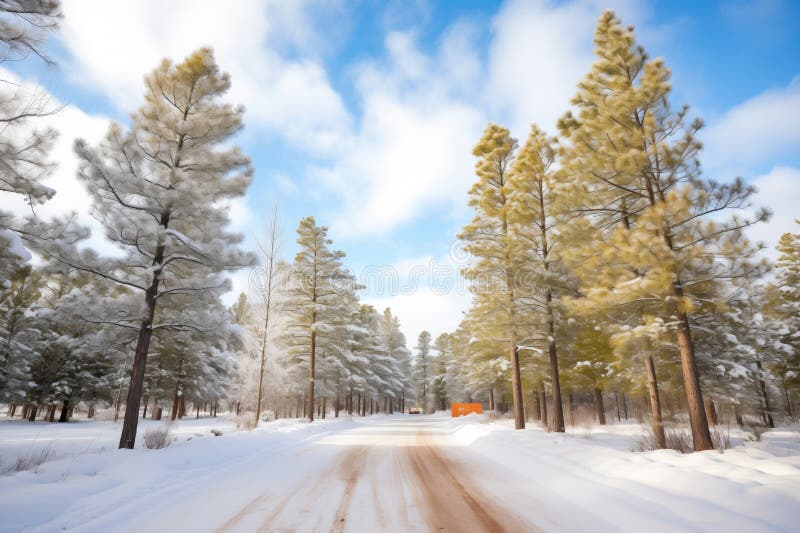 Snow-draped Pine Trees Flanking a Dirt Road Stock Image - Image of ...