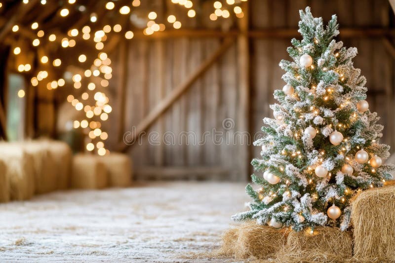 Snow-dusted Christmas Tree with Twinkling Lights in Rustic Barn Setting ...