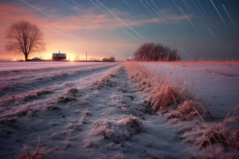 Snow-dusted Field with Christmas Light Trails Stock Photo - Image of ...