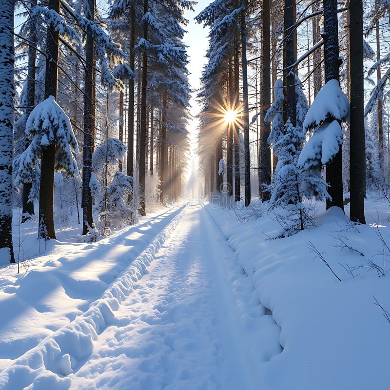 Snow-Dusted Forest Path in Norway at Dawn Stock Illustration ...