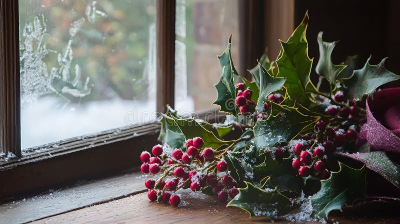 Snow-dusted Holly Berries and Leaves Rest on a Rustic Windowsill, a ...