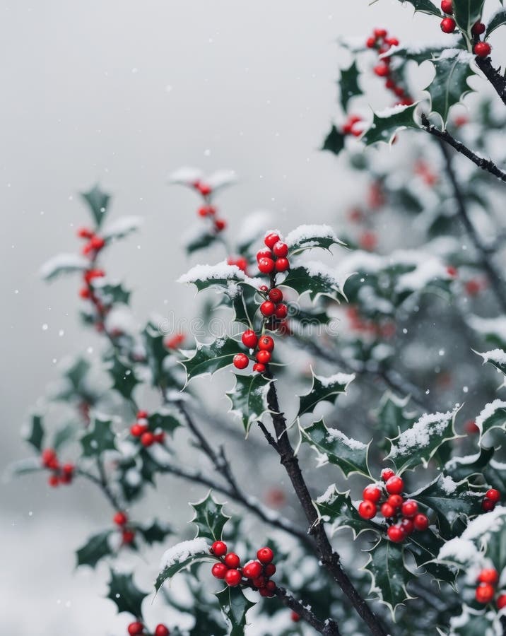 Snow Dusted Holly Holly Bushes with Bright Red Berries and Dark. Stock ...