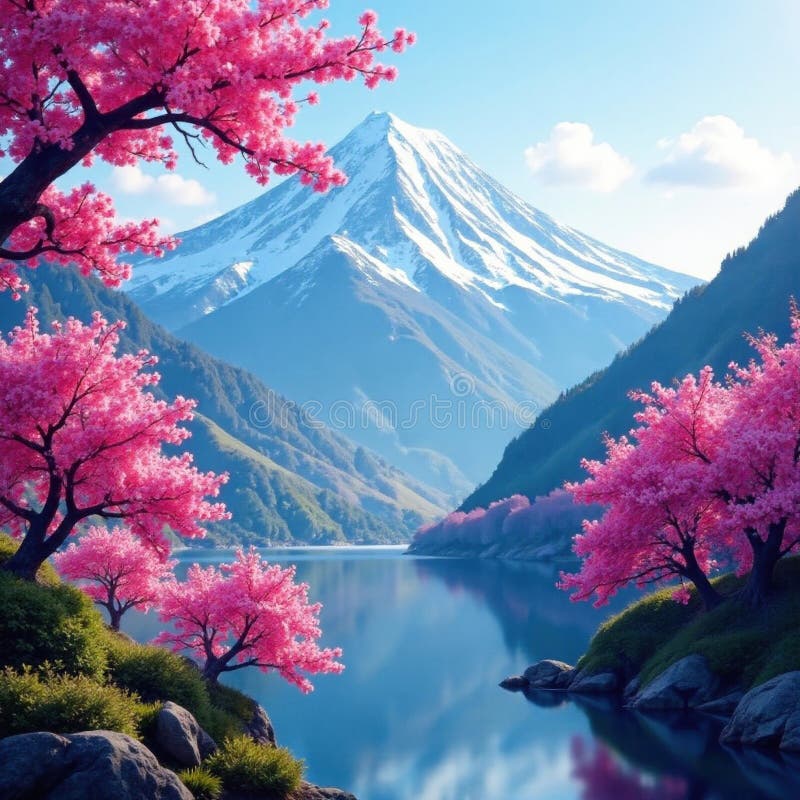 Snow Dusted Mountains Frame Vibrant Cherry Blossom Trees, Beautiful ...