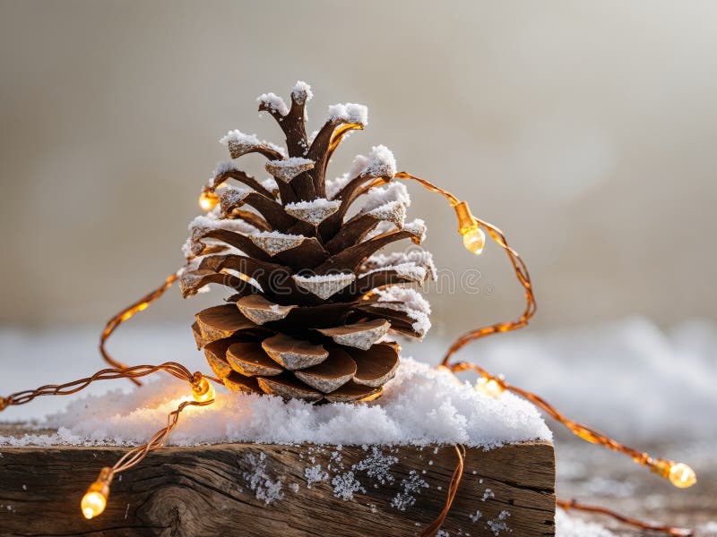 Snow Dusted Pine Cone with Festive Golden Lights Stock Illustration ...
