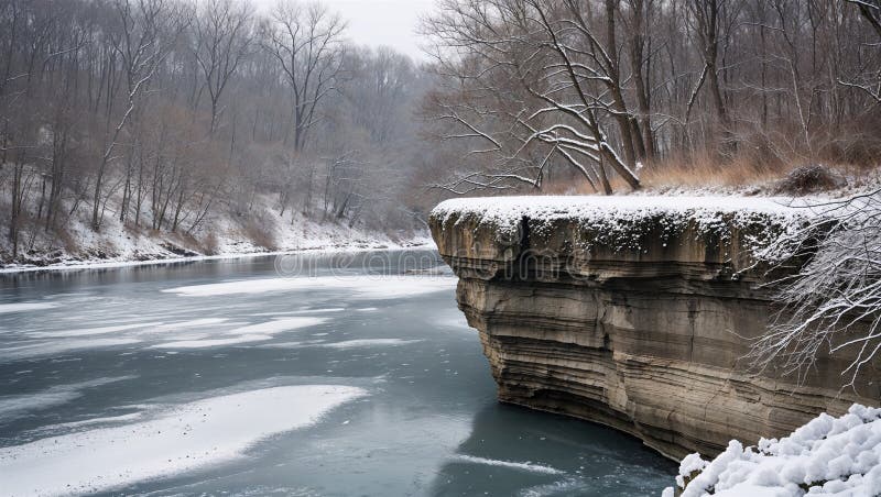 Snow Dusting Cliff Ledge Above Frozen Pond Surrounded by Leafless Trees ...