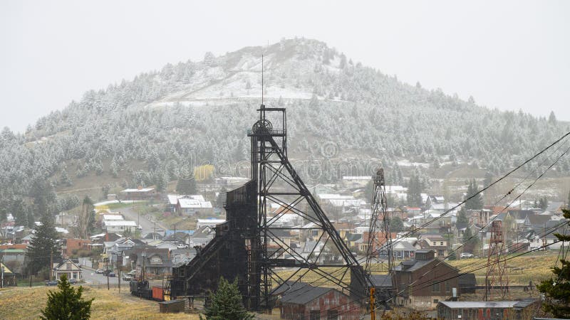 Snow Falling in Butte Montana with the Anselmo Mine Headframe Stock ...