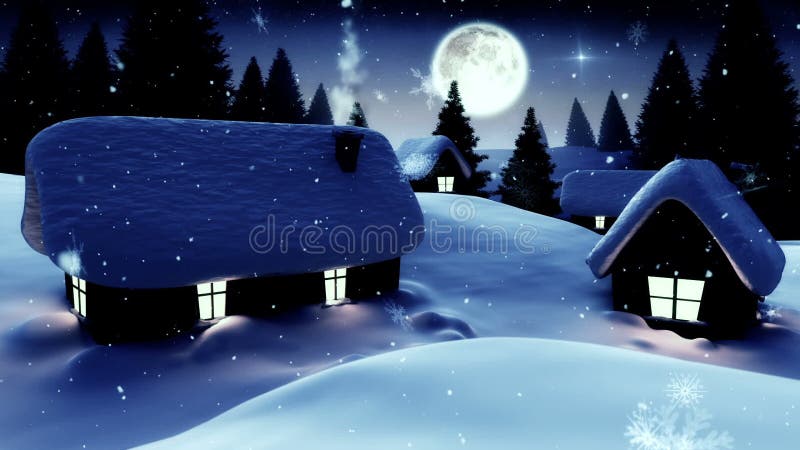 Snow Falling on Cute Village in Forest Stock Video - Video of moon ...