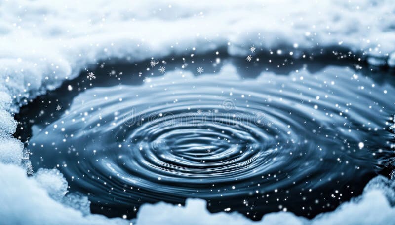 Snow Falling on Dark Water Creating Concentric Ripples Surrounded by ...