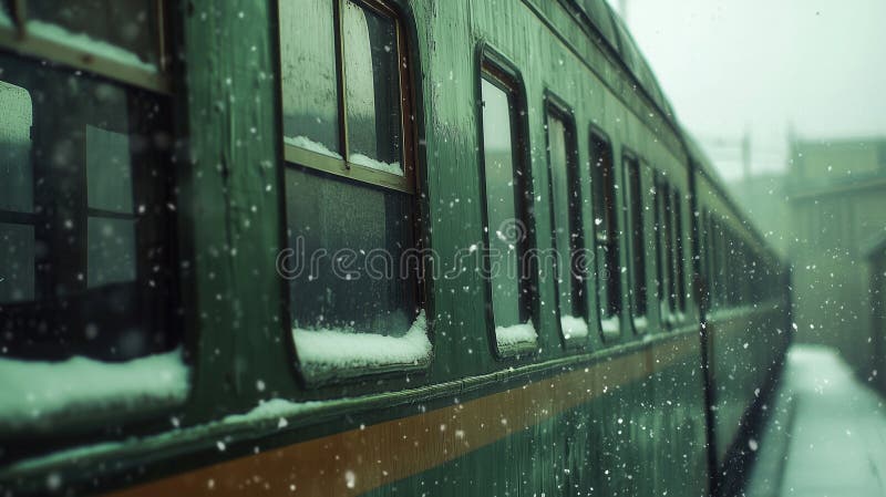 Snow Falling on a Green Train at the Station Stock Image - Image of ...