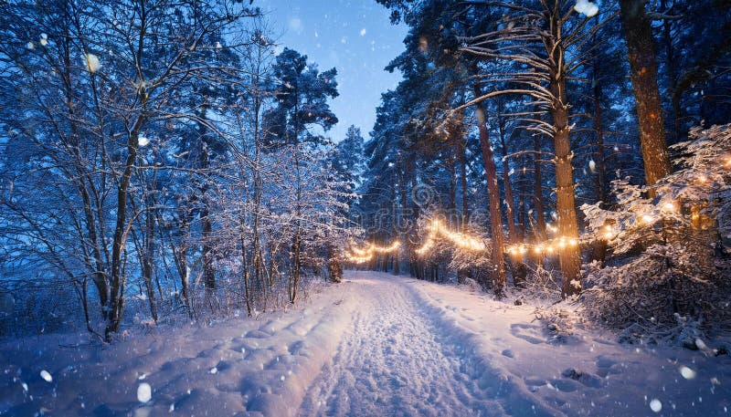 Snow Falling on Idyllic Forest Path Lit with Christmas Lights Stock ...