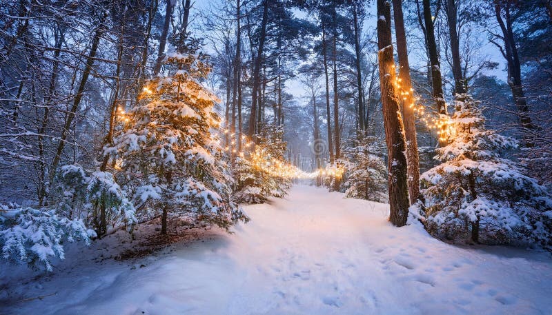 Snow Falling on Idyllic Forest Path Lit with Christmas Lights Stock ...
