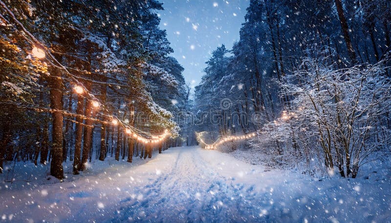 Snow Falling on Idyllic Forest Path Lit with Christmas Lights Stock ...