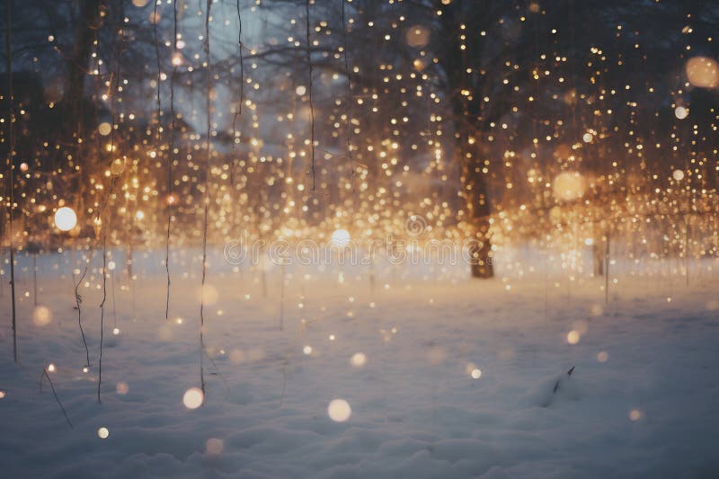 Snow Falling Landscape with Lights, Ai Generative Stock Illustration ...