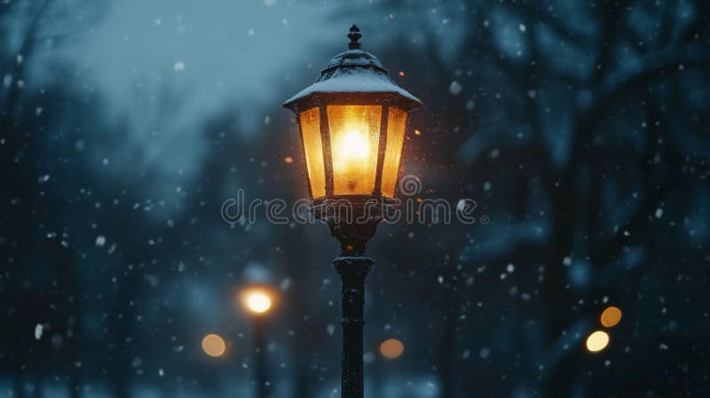 Snow Falling on a Lit Street Lamp at Night Stock Illustration ...