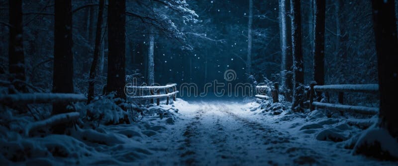 Snow Falling at Night in a Snowy Dark Forest. Stock Image - Image of ...