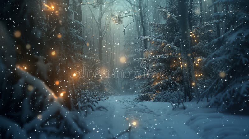 Snow Falling at Night in a Snowy Dark Forest with Light Stock ...